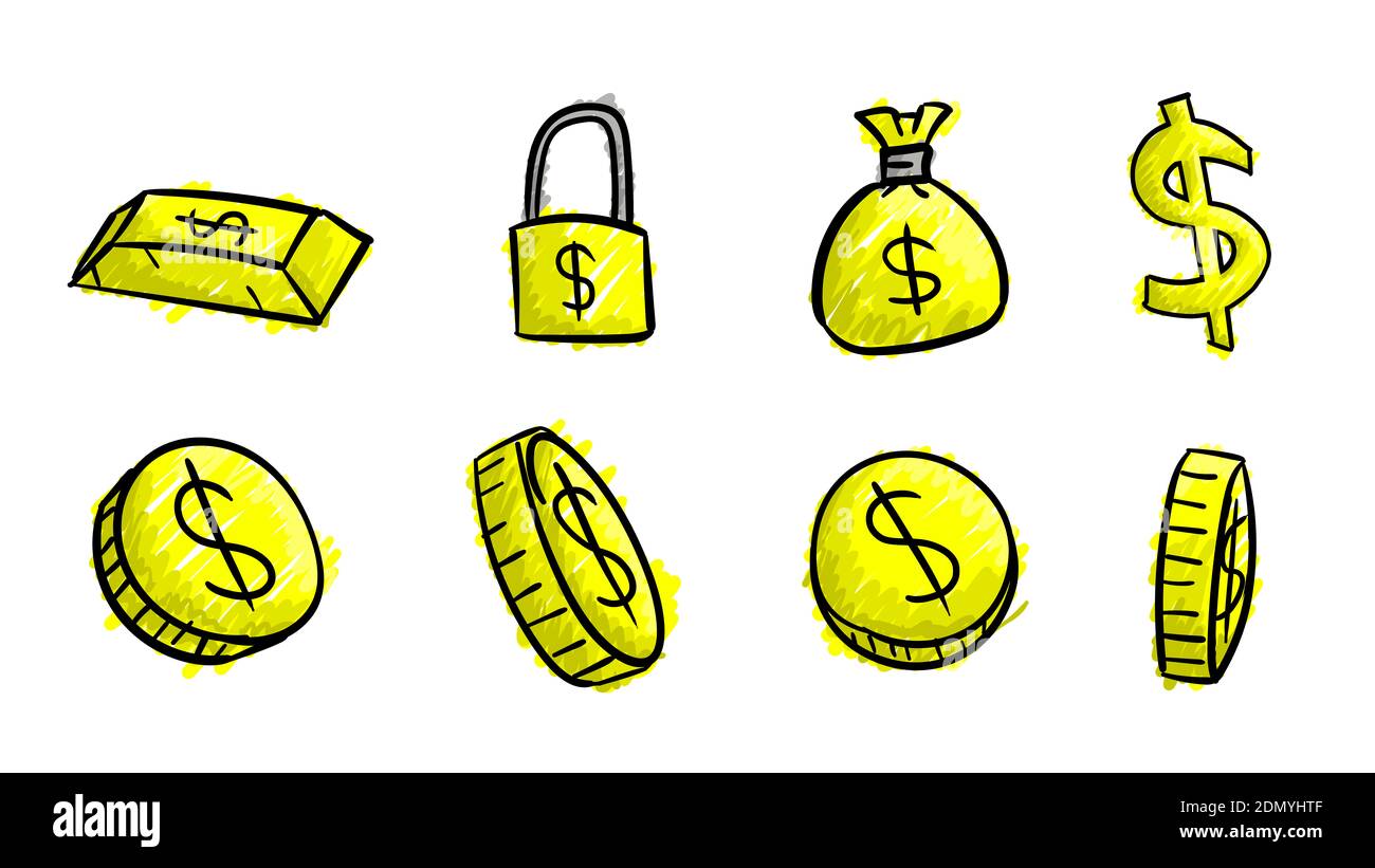 Hand drawn yellow business dollar symbols. 2d money illustration with ...