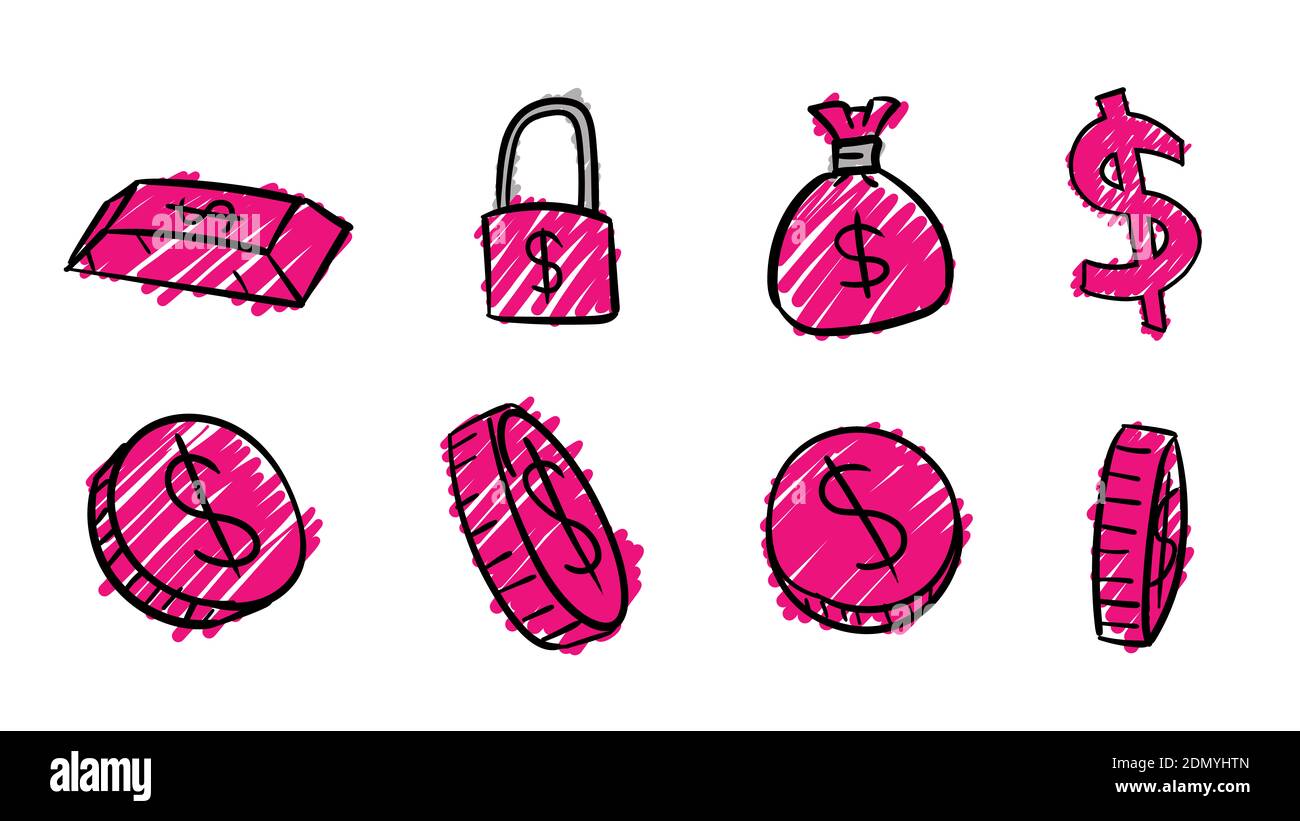Hand drawn pink business dollar symbols. 2d money illustration with ...