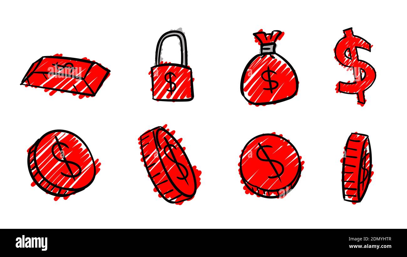 Hand drawn red business dollar symbols. 2d money illustration with ...