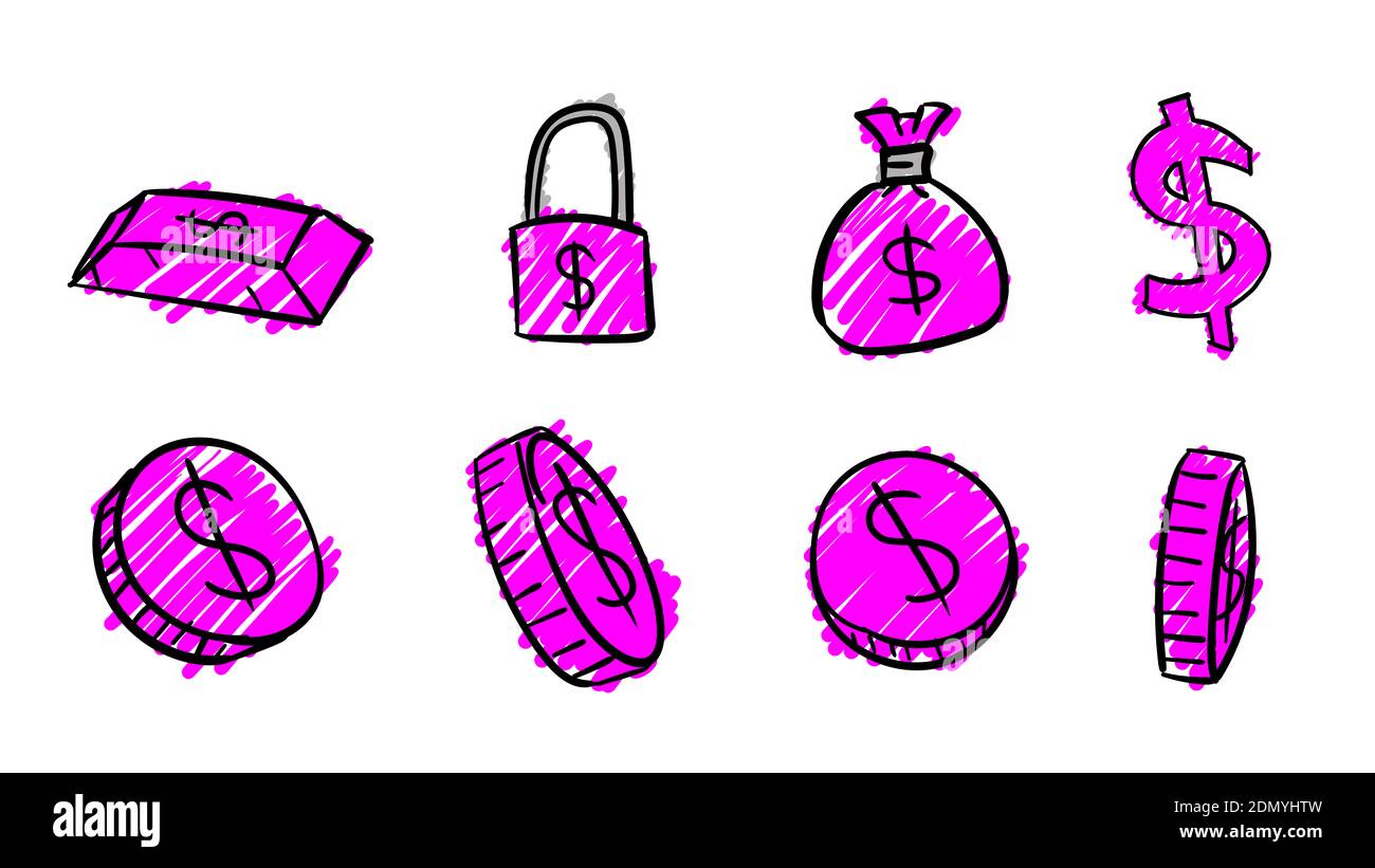 Hand drawn purple business dollar symbols. 2d money illustration with ...