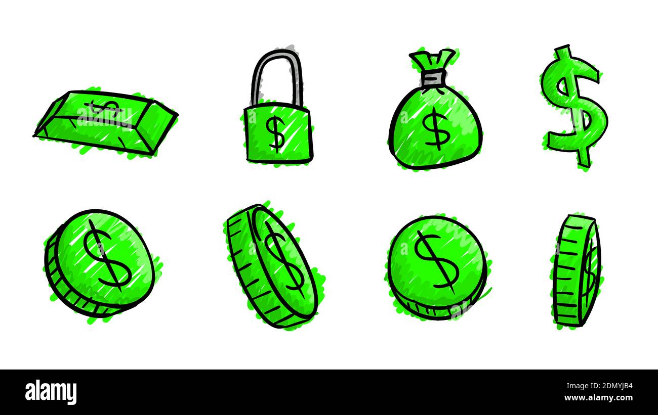 Hand drawn green business dollar symbols. 2d money illustration with ...