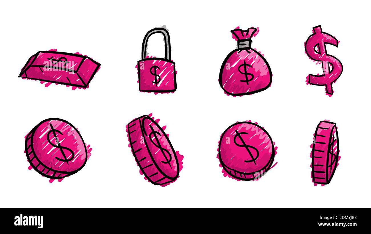 Hand drawn pink business dollar symbols. 2d money illustration with ...