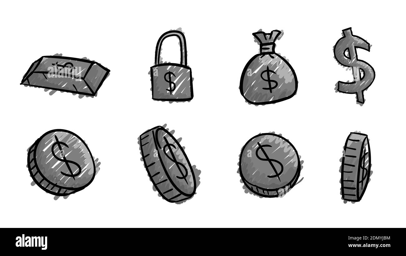 Hand drawn grey business dollar symbols. 2d money illustration with ...