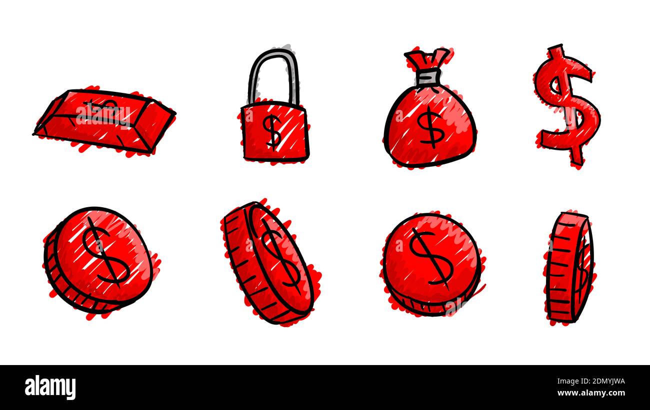 Hand drawn red business dollar symbols. 2d money illustration with ...