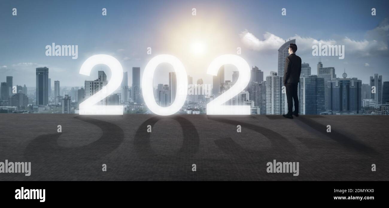 2021 concept, business man on the road of 2021 new year think analysis ...