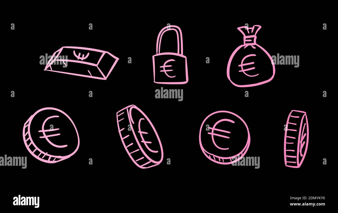 Hand drawn pink business euro symbols. 2d money illustration with ...