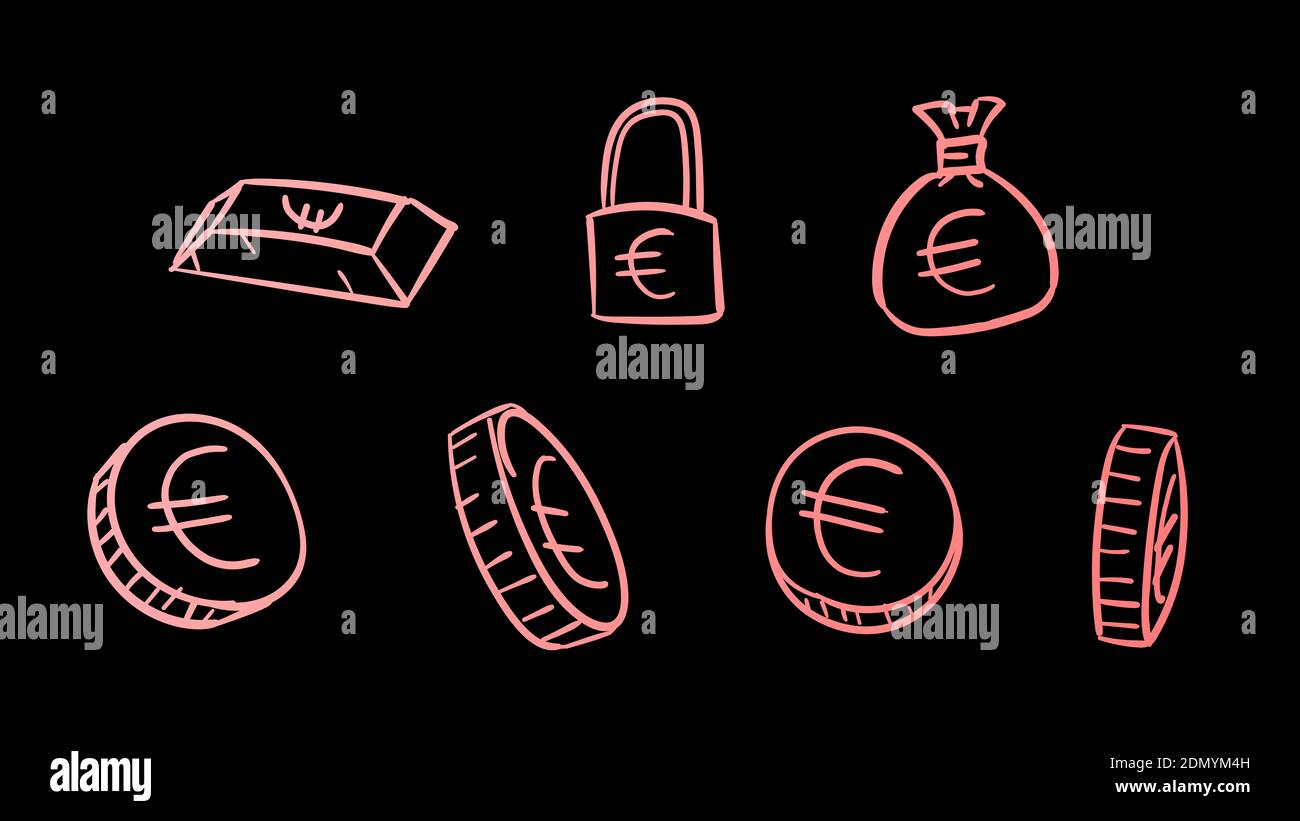 Hand drawn red business euro symbols. 2d money illustration with doodle ...