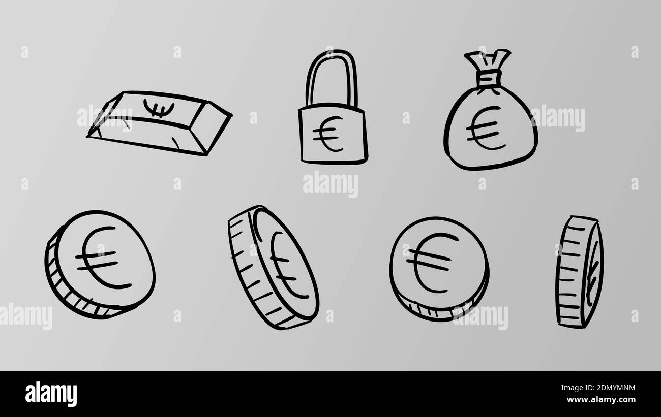 Hand drawn grey business euro symbols. 2d money illustration with ...