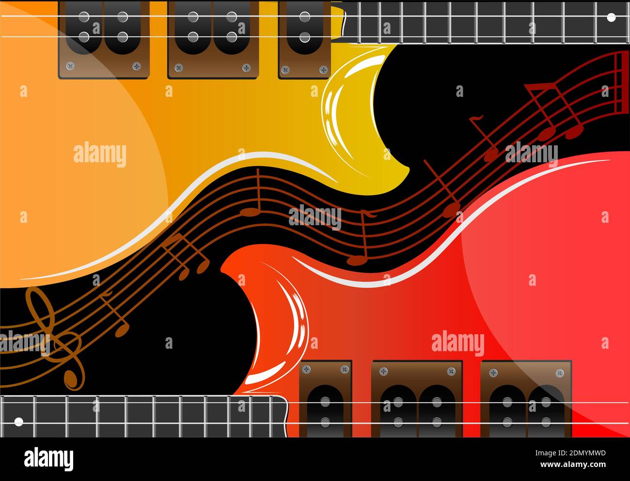 Musical background of red and yellow guitars, separated by notes Stock ...
