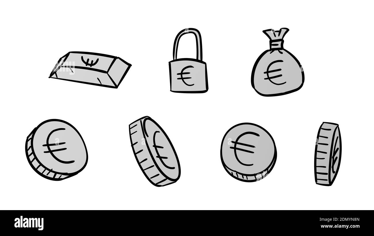 Hand drawn grey business euro symbols. 2d money illustration with ...