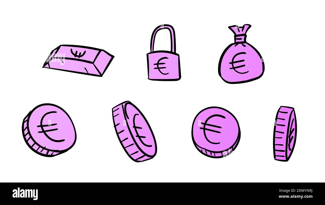 Hand drawn violet business euro symbols. 2d money illustration with ...