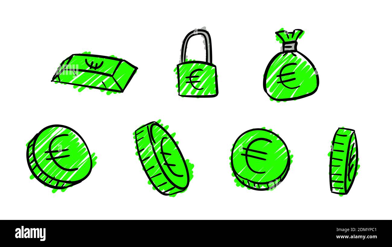 Hand drawn green business euro symbols. 2d money illustration with ...