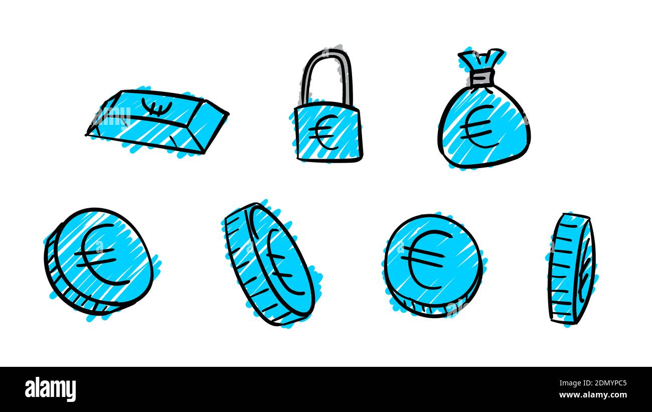 Hand drawn azure business euro symbols. 2d money illustration with ...