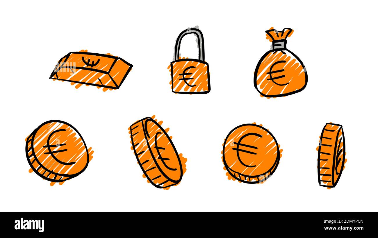 Hand drawn orange business euro symbols. 2d money illustration with ...