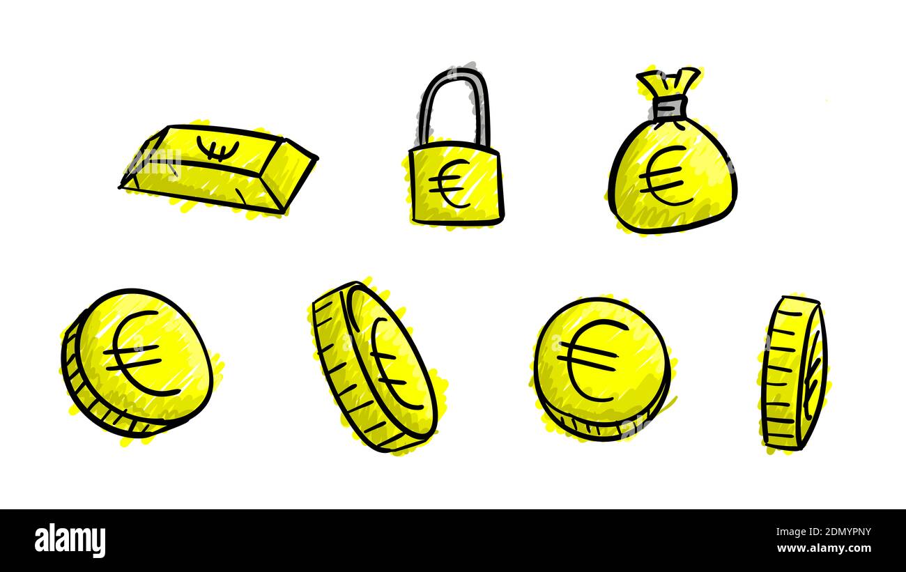 Hand drawn yellow business euro symbols. 2d money illustration with ...