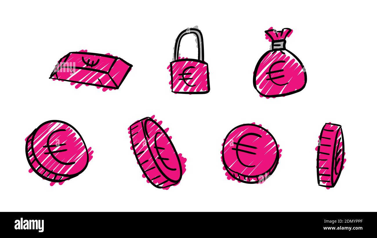 Hand drawn pink business euro symbols. 2d money illustration with ...