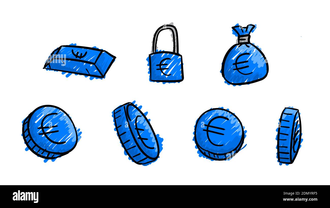 Hand drawn blue business euro symbols. 2d money illustration with ...