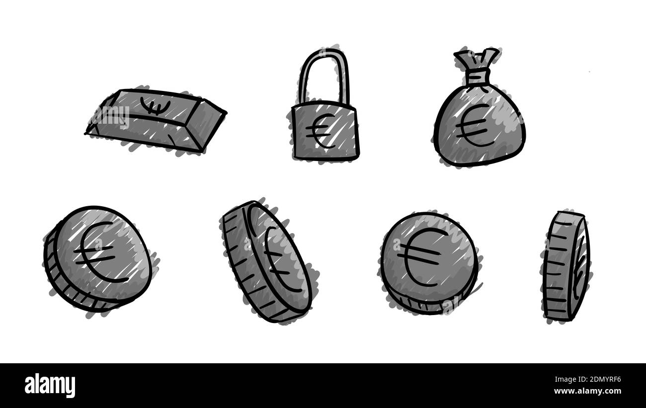 Hand drawn grey business euro symbols. 2d money illustration with ...