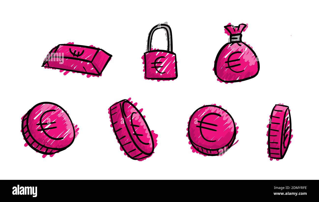 Hand drawn pink business euro symbols. 2d money illustration with ...