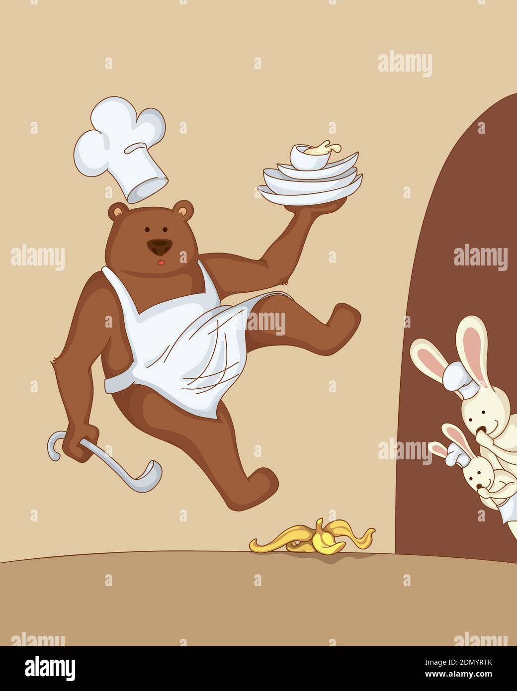 Funny illustration with a bear chef slipping on a banana and hares ...