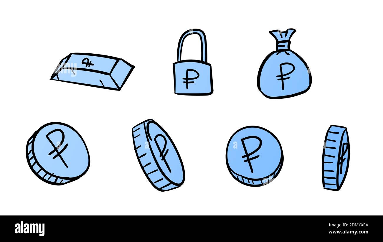 Hand drawn blue business ruble symbols. 2d money illustration with ...