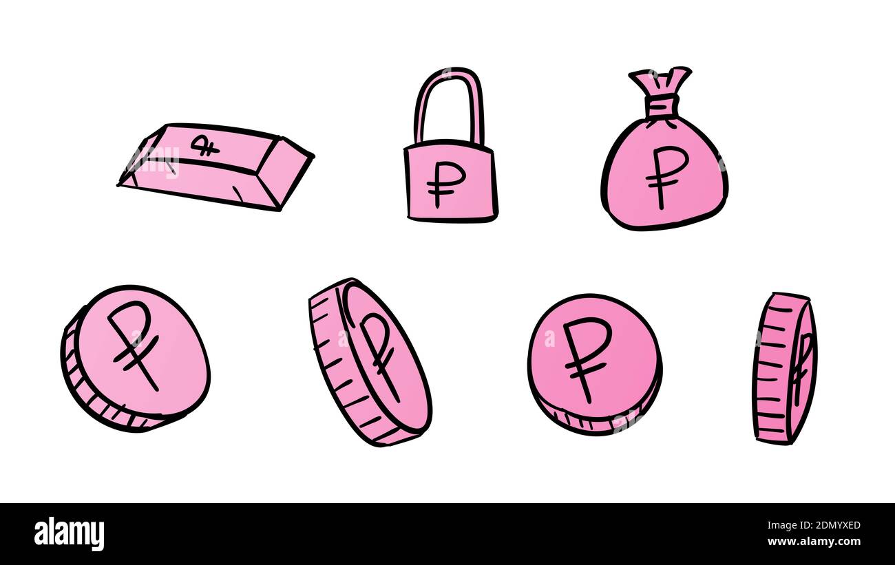 Hand drawn pink business ruble symbols. 2d money illustration with ...