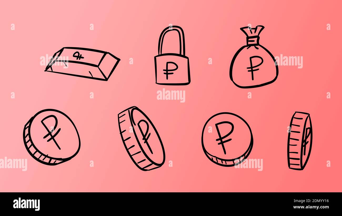 Hand drawn red business ruble symbols. 2d money illustration with ...
