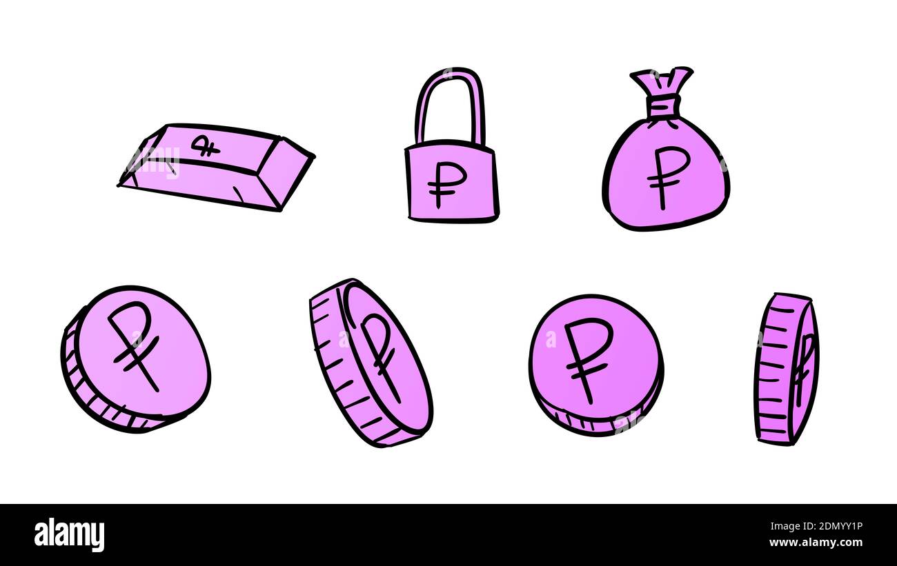 Hand drawn violet business ruble symbols. 2d money illustration with ...