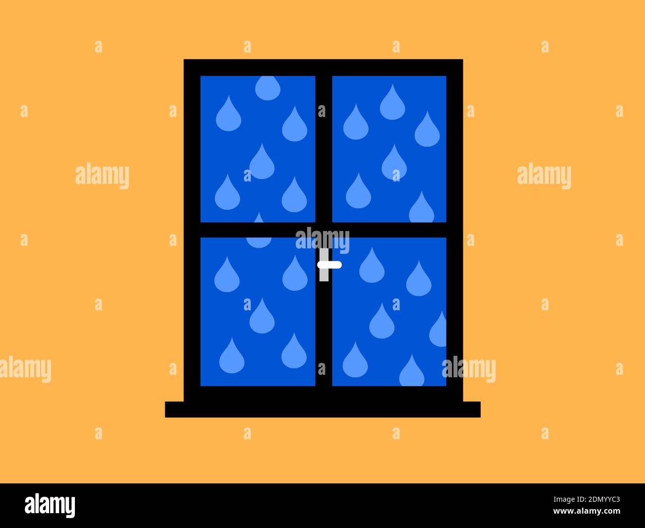 Rain and rainy weather - view from closed window in room. Raindrops are ...