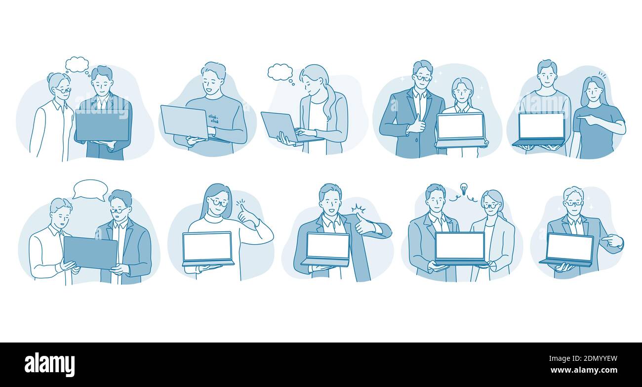 Online communication, laptop, business team concept. Young smiling ...