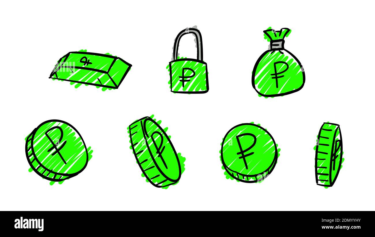 Hand drawn green business ruble symbols. 2d money illustration with ...