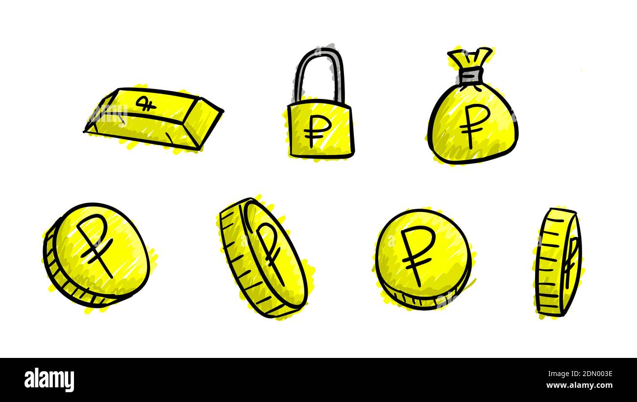 Hand drawn yellow business ruble symbols. 2d money illustration with ...