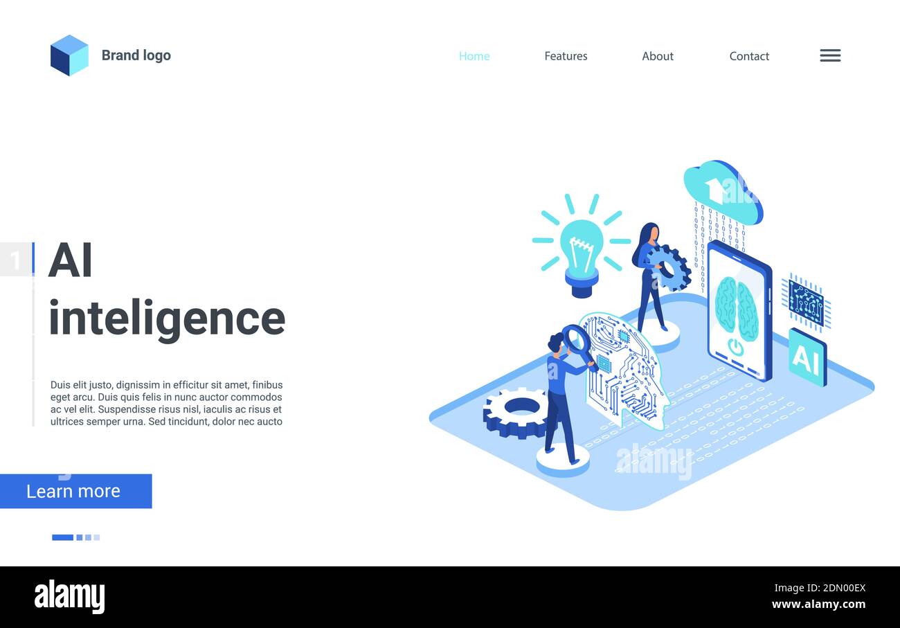 Website creative landing page design, cartoon engineer people learning digital robot brain ...