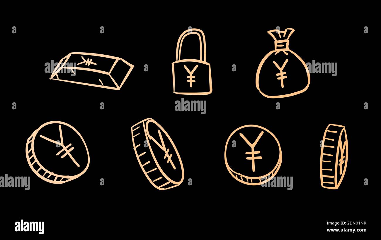 Hand drawn orange business yen symbols. 2d money illustration with ...