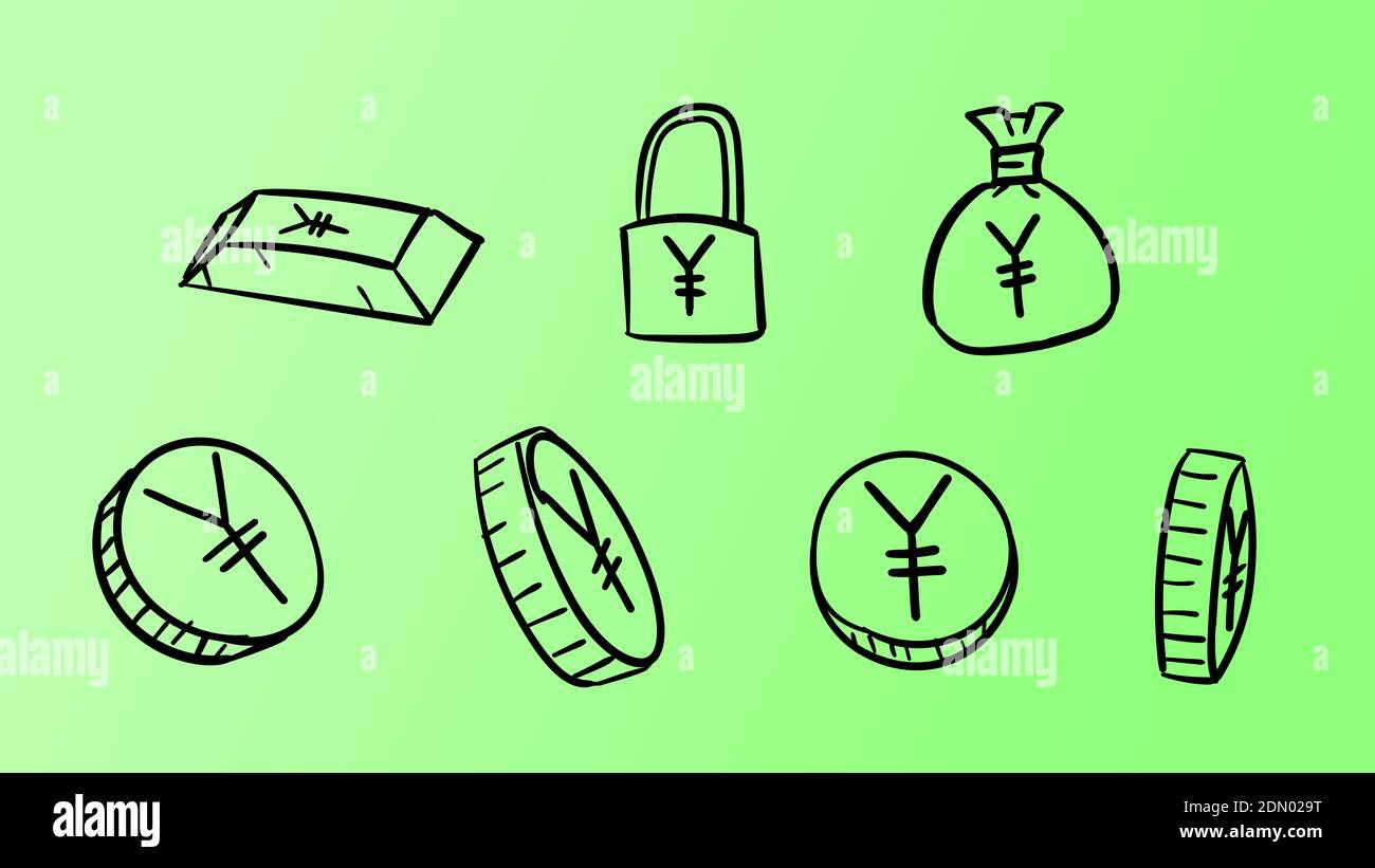 Hand drawn green business yen symbols. 2d money illustration with ...