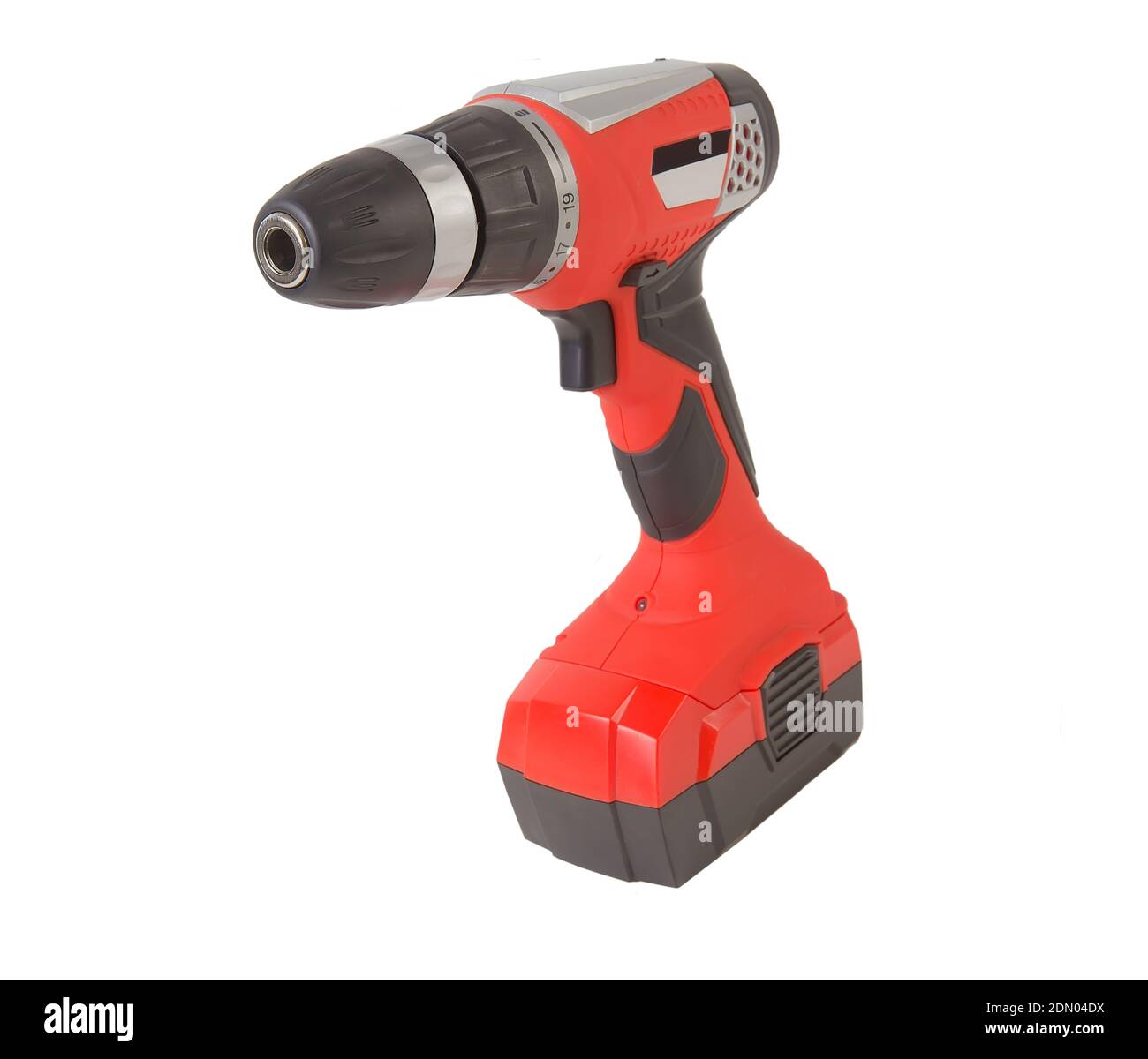 Rechargeable drill red isolated on white background Stock Photo - Alamy