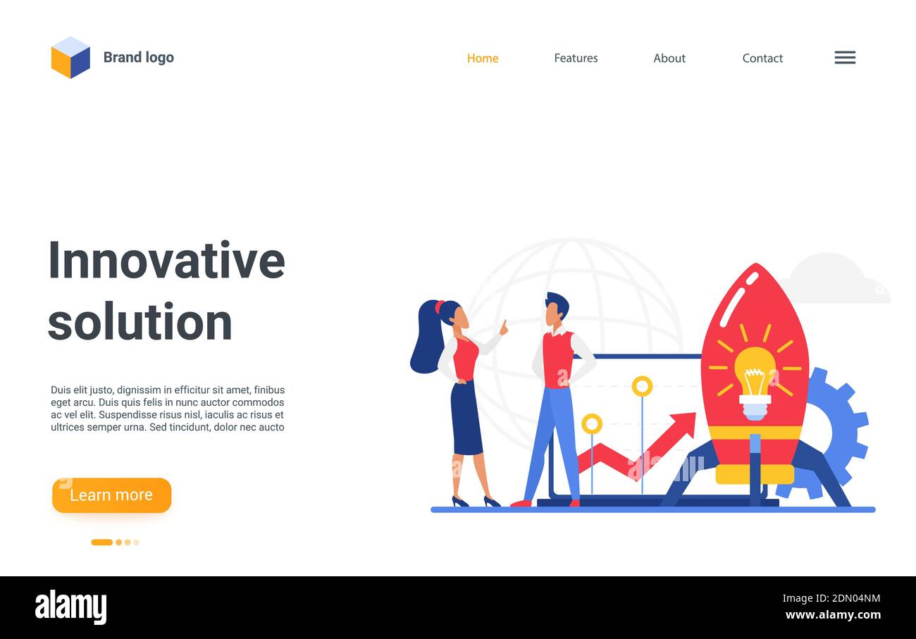 Cartoon website landing page design with starting rocket, light bulb ...