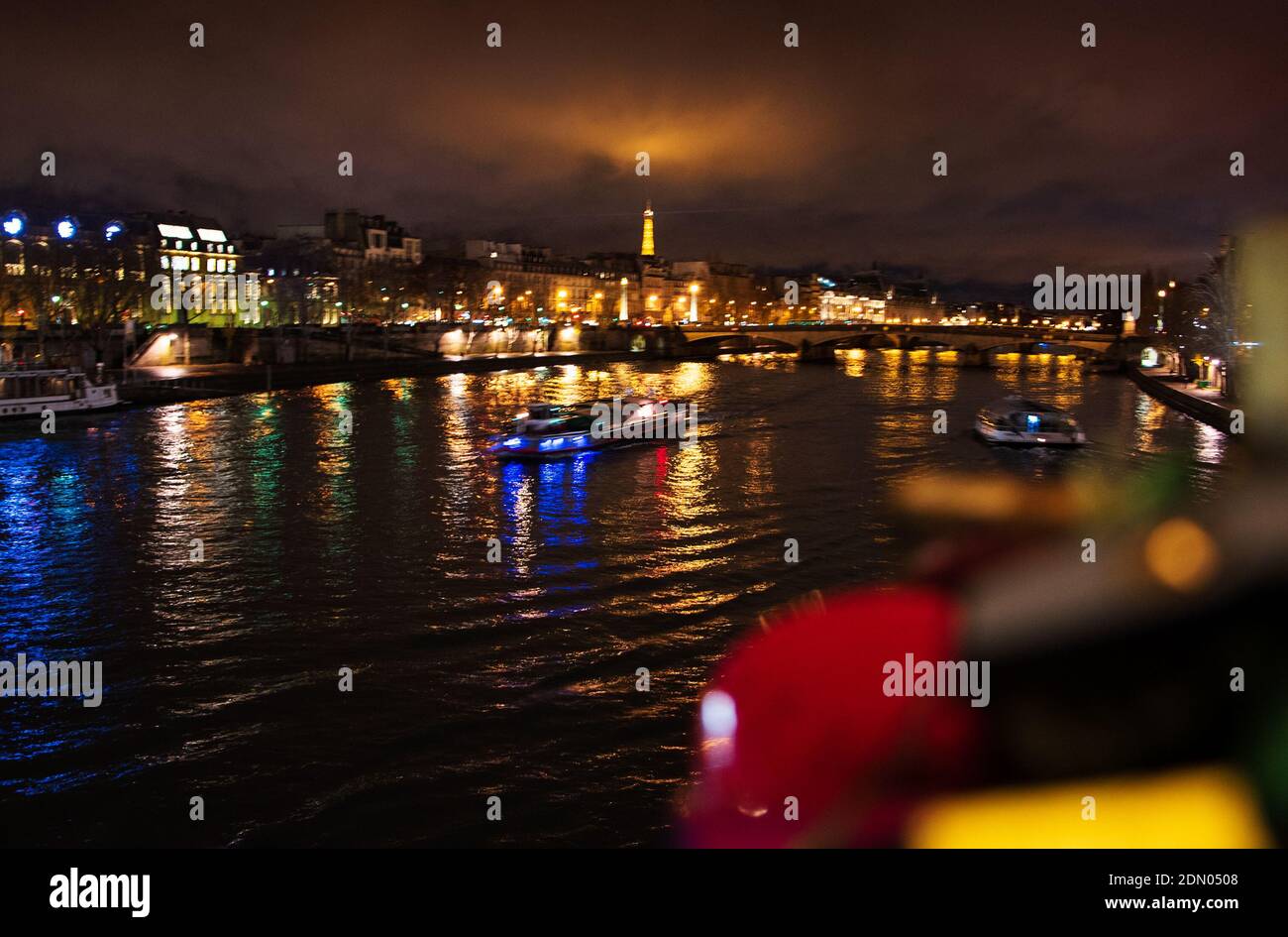 Paris, France. Night view of beautiful Seine river landscape seen ...