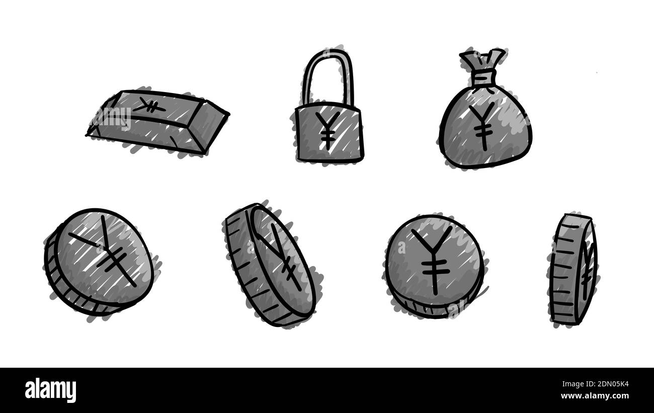 Hand drawn grey business yen symbols. 2d money illustration with doodle ...