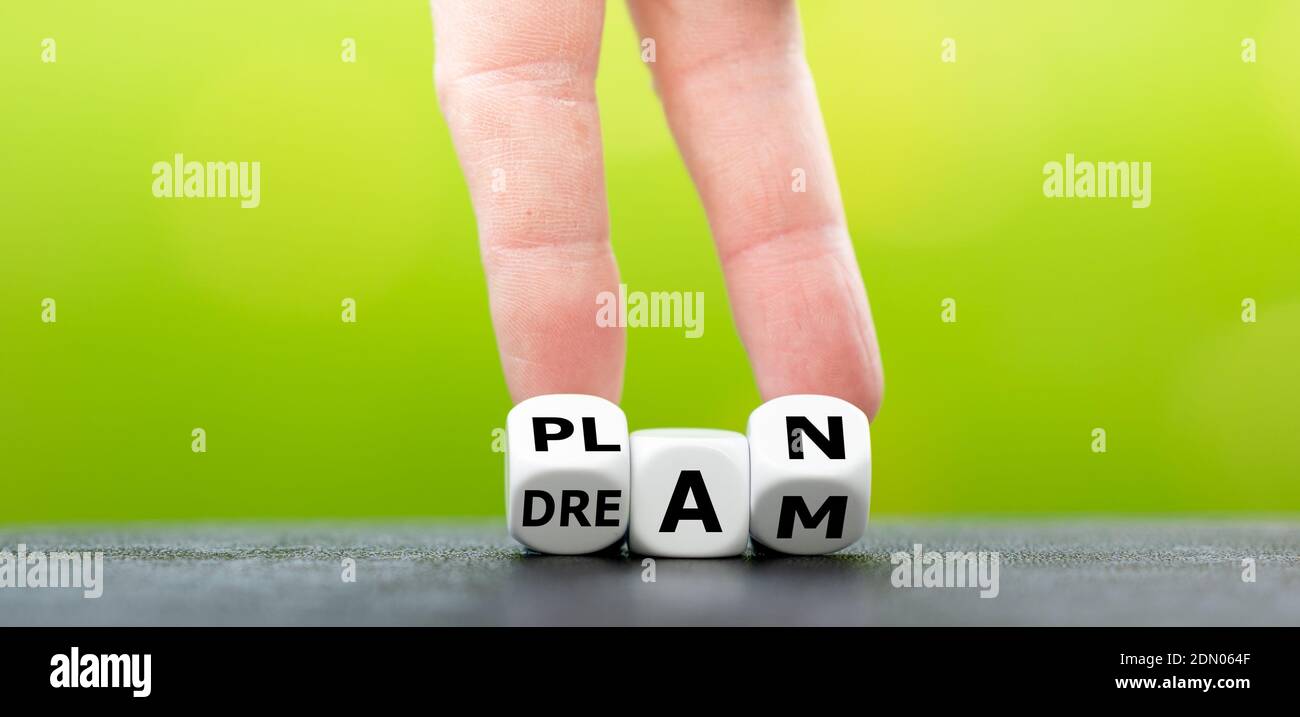 Stop dreaming and start planning. Hand turns dice and changes the word ...