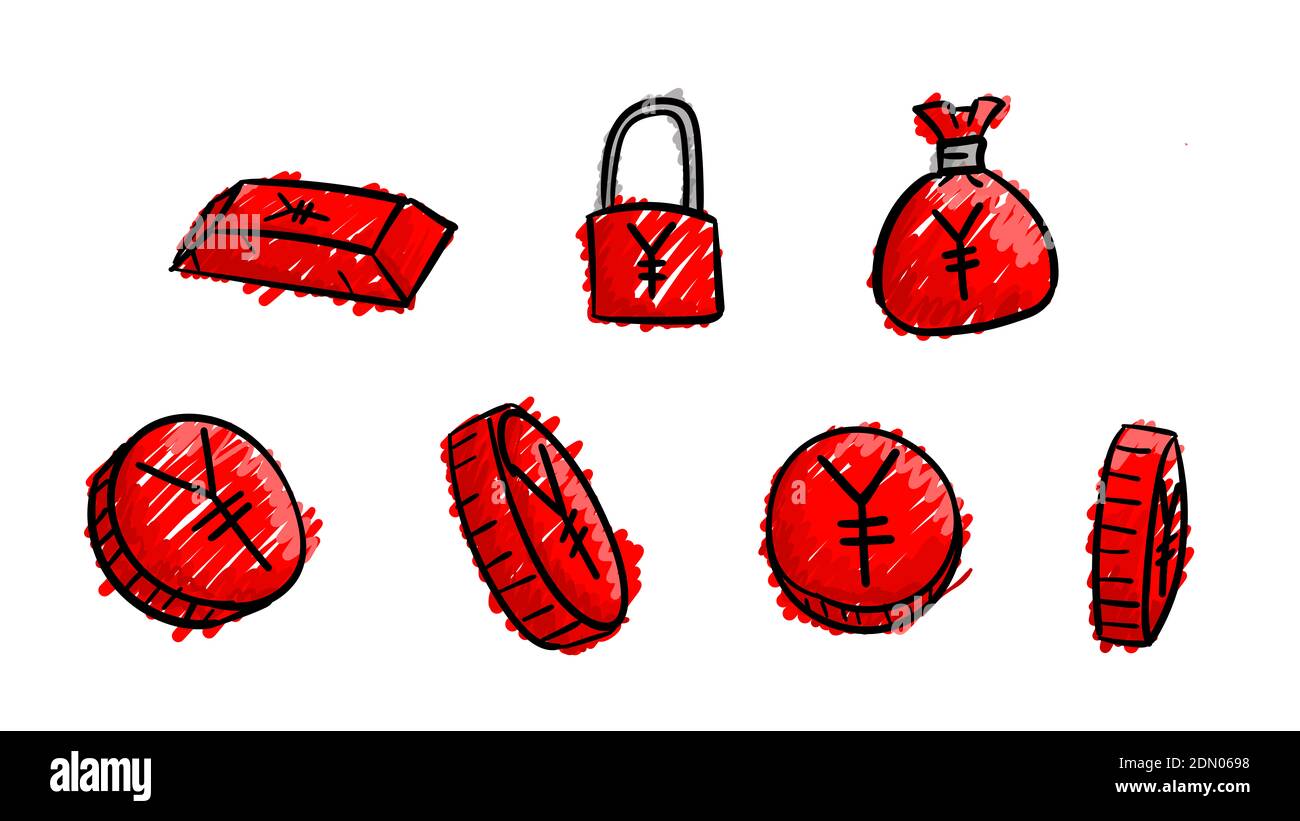 Hand drawn red business yen symbols. 2d money illustration with doodle ...