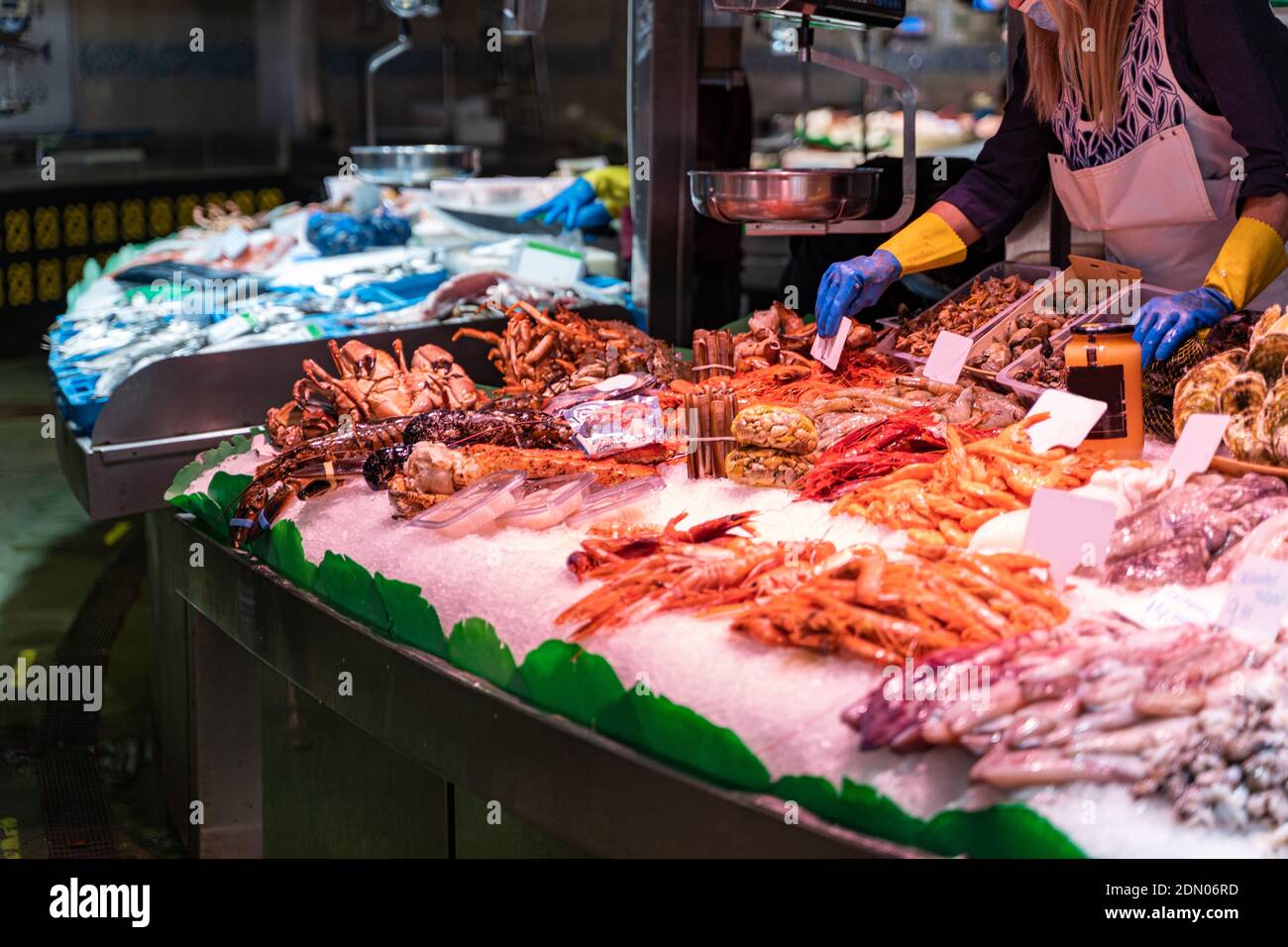 Seller arranges crayfish, crabs, molluscs, arthropods on counter at ...