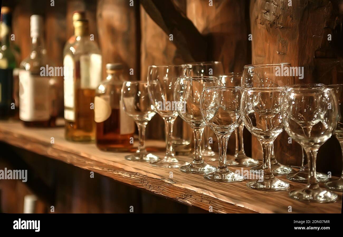 wine glasses and bottles on a wooden shelf retro Stock Photo - Alamy