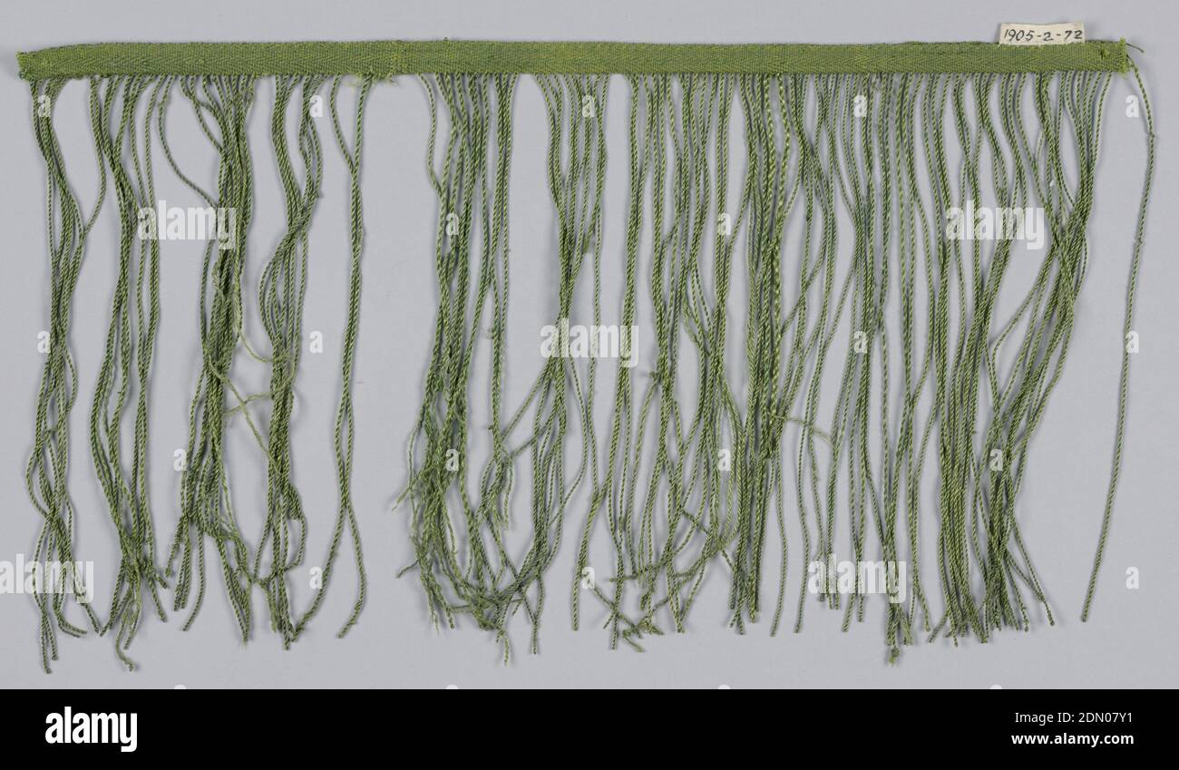 Fringe, Medium: silk Technique: woven, Green fringe is formed by ...