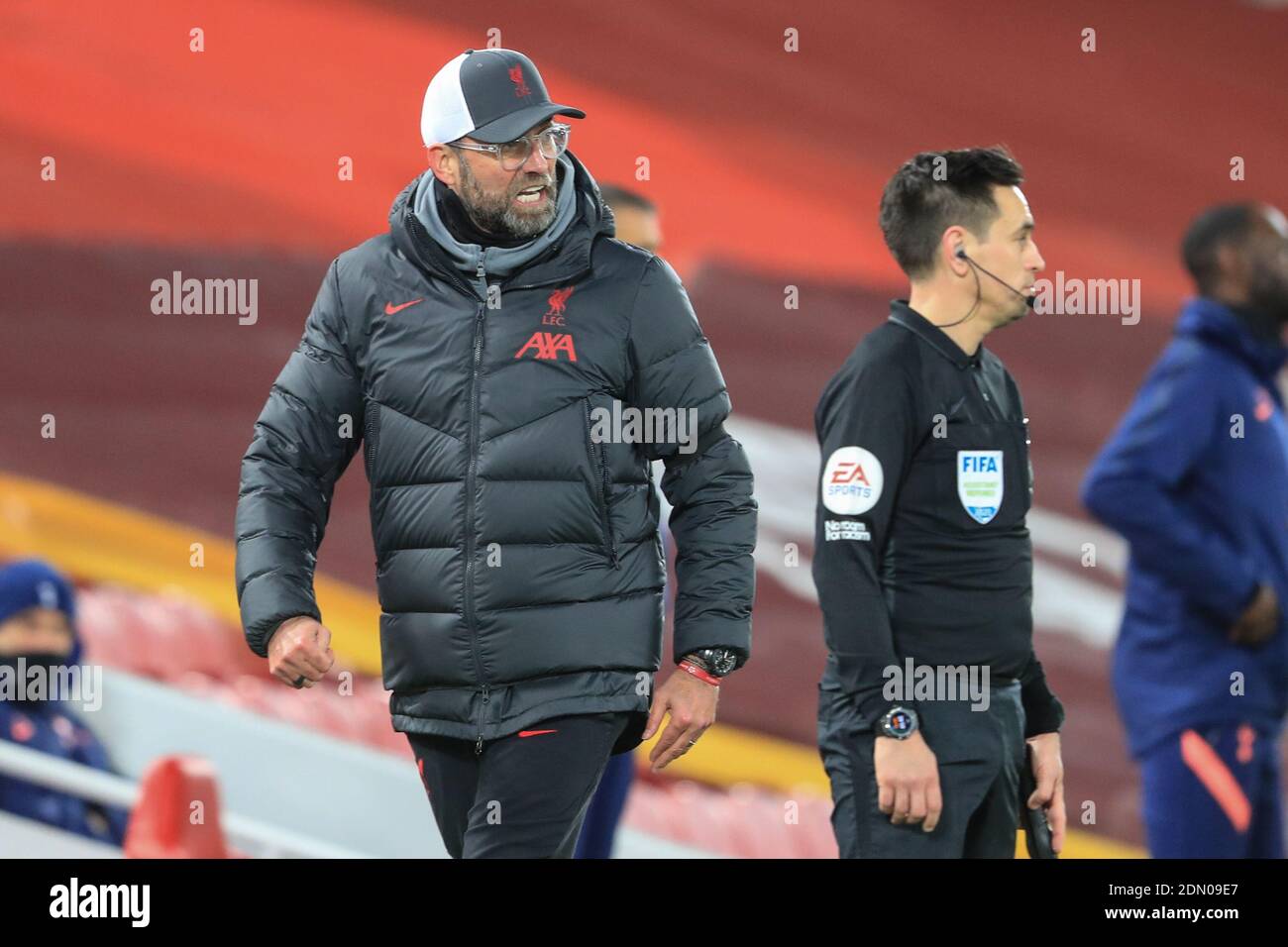 Jürgen Klopp manager of Liverpool reacts with an line official Stock ...