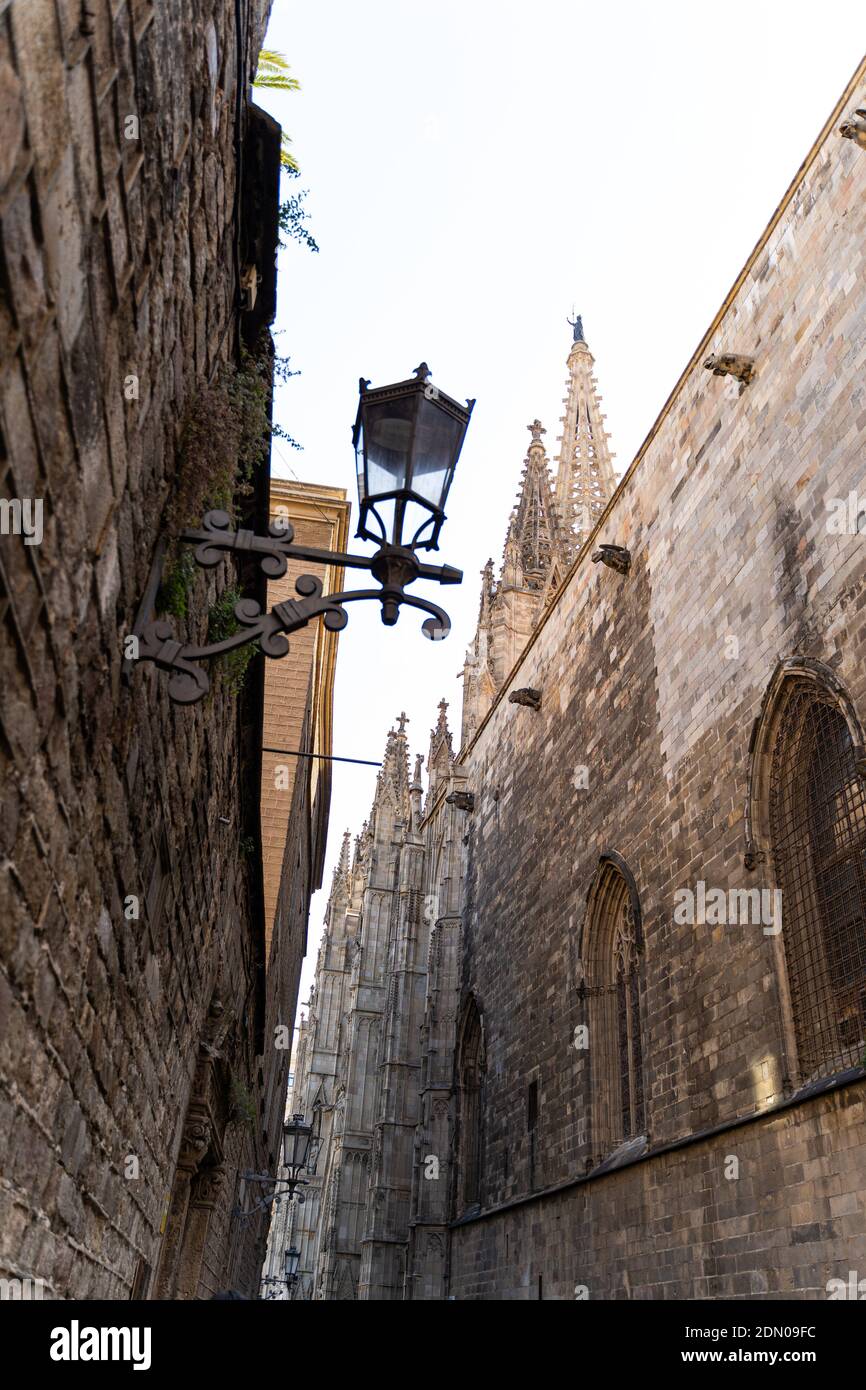 Old spanish catholic church with churchbell and streetlight in ...