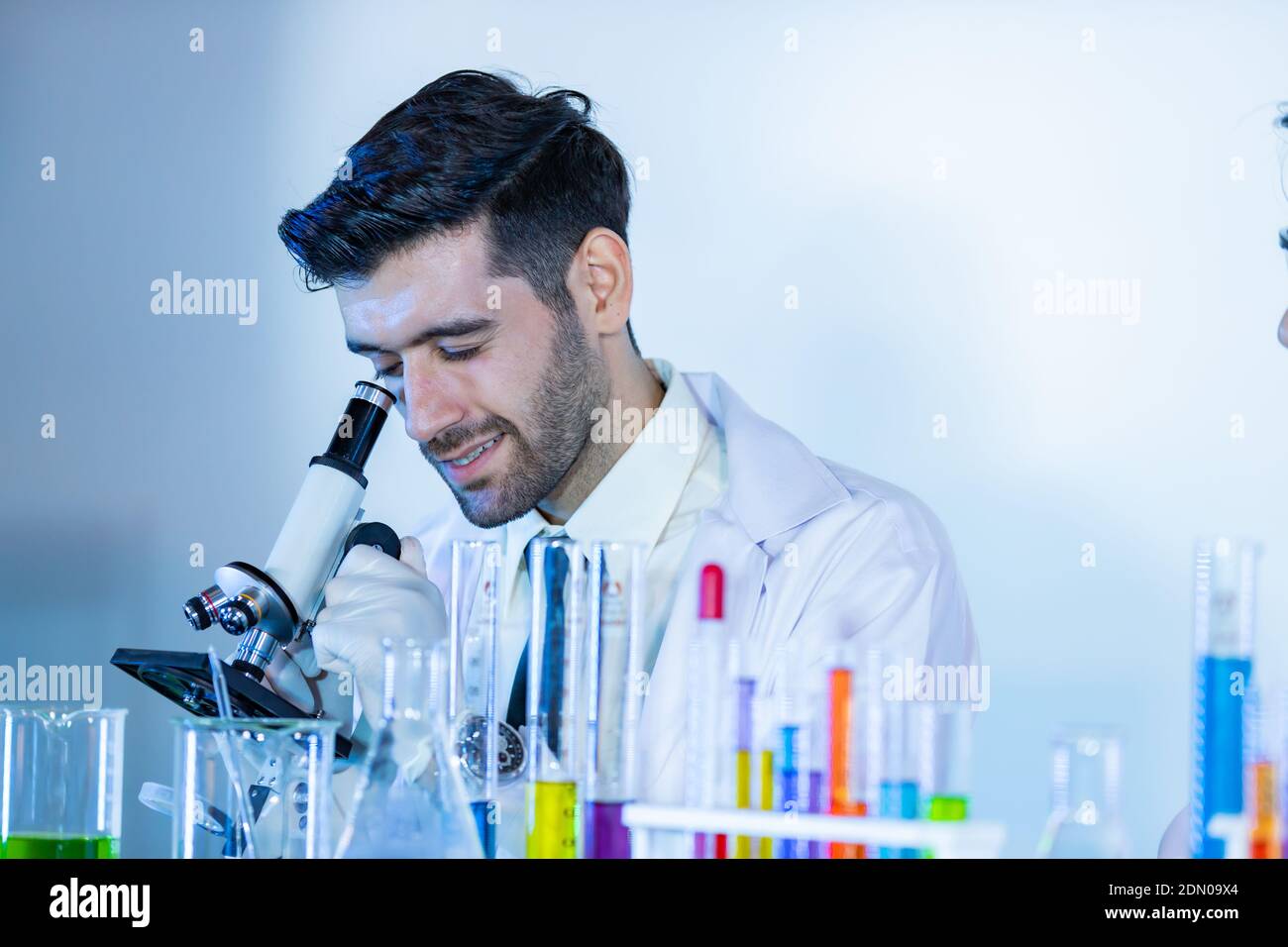 Research scientists analysing test trial new generation vaccine data ...