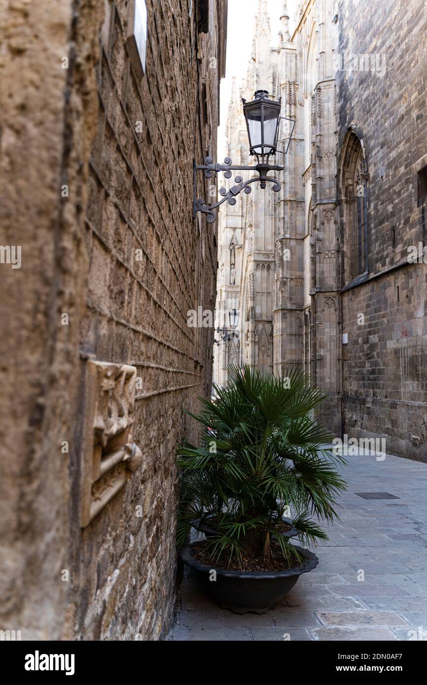 Old spanish catholic church with churchbell and streetlight in ...