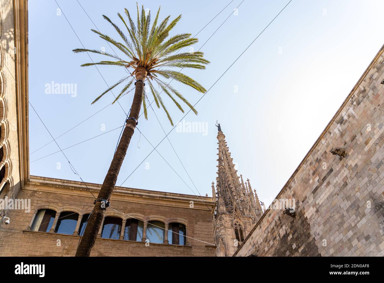 Old white spanish house or catholic church with palm tree in Barcelona ...