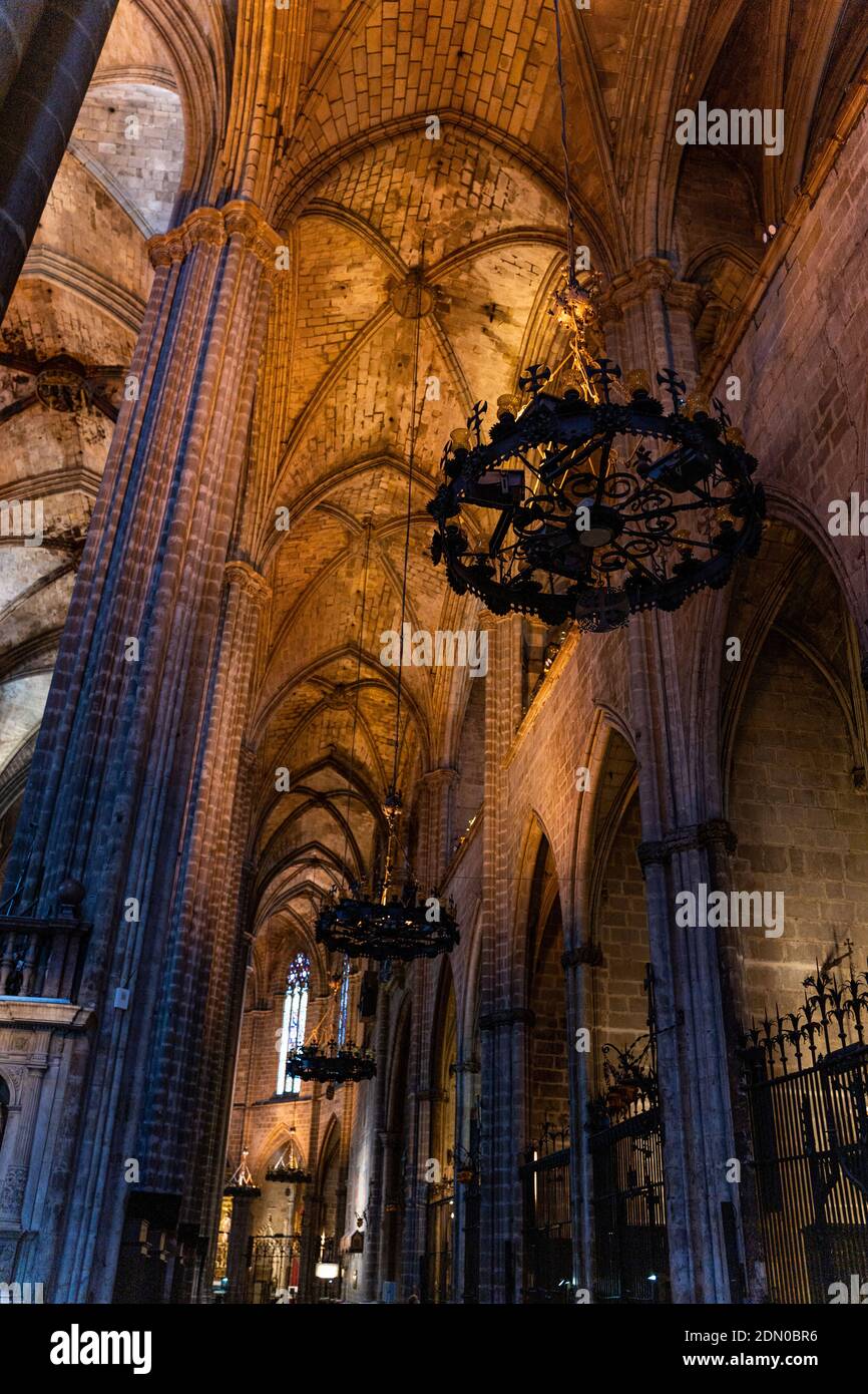 Old medieval spanish catholic church with rooftop in Barcelona Stock ...